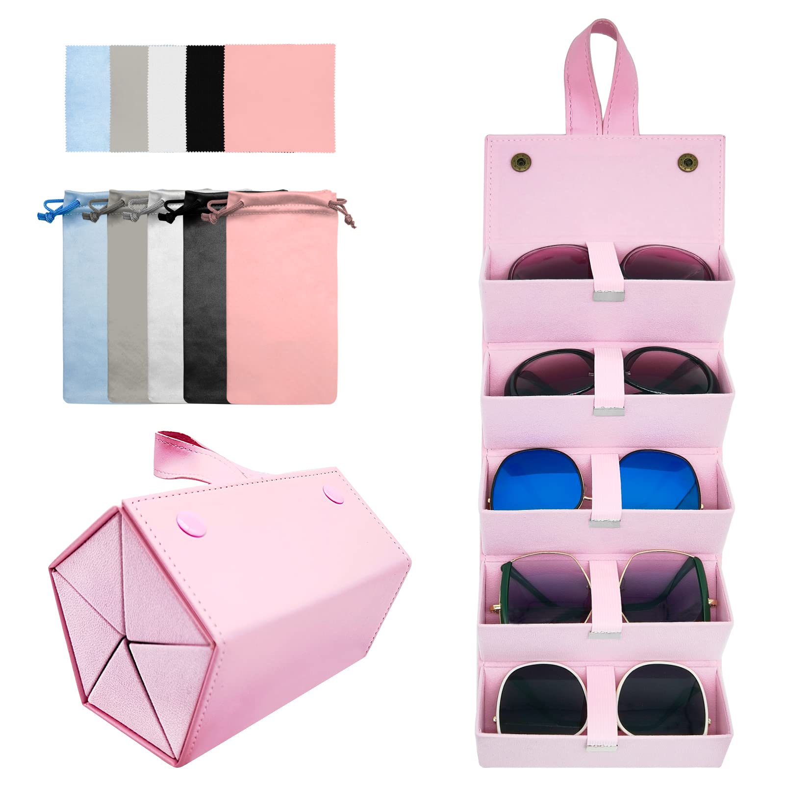BBKON Sunglasses Organizer with 5 Slots, Travel Glasses Case, Portable Eyeglasses Holder Storage Box for Men Women (Pink)