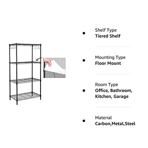 EFINE 4-Shelf Shelving Unit with 8 Hooks and 4-Shelf Liners, NSF Certified, Adjustable Metal Wire Shelves, Shelving Rack and Storage for Kitchen Laundry Bathroom Pantry Closet(23.6W x 14D x 47H) Black