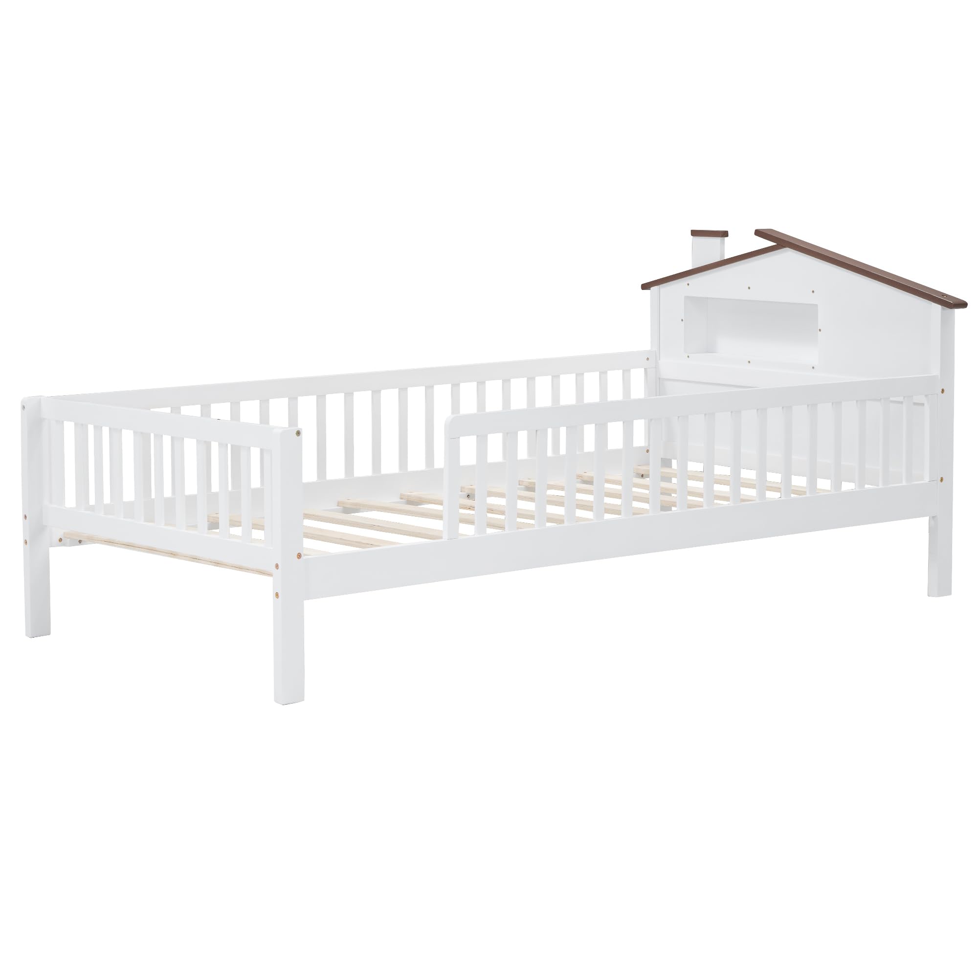 Bellemave Twin Size Montessori Bed for Kids, Twin Size Kids Bed with Fence,Kids Montessori Bed with House-Shaped Headboard and Built-in Storage, White