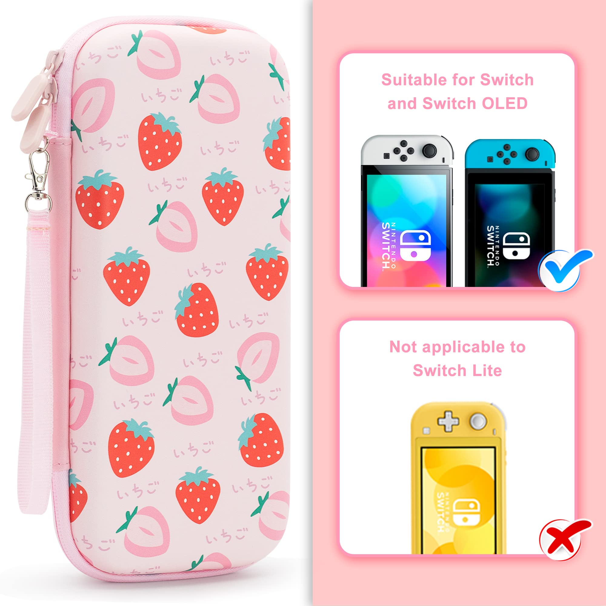 BRHE Cute Carrying Case Compatible with Nintendo Switch with Dockable Protective Cover/Tempered Screen Protector /Thumb Grip Caps,Pink Accessories Bundle for Girls