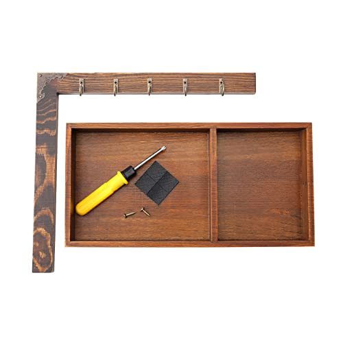 Entryway Hanging Key Holder with 5 Hooks for Desk Tabletop,Solid Wood Jewelry Storage Tray,Home Decorative Key Rack Organizer,L11.8''*W5.9''*H9.8ββ, Black Walnut