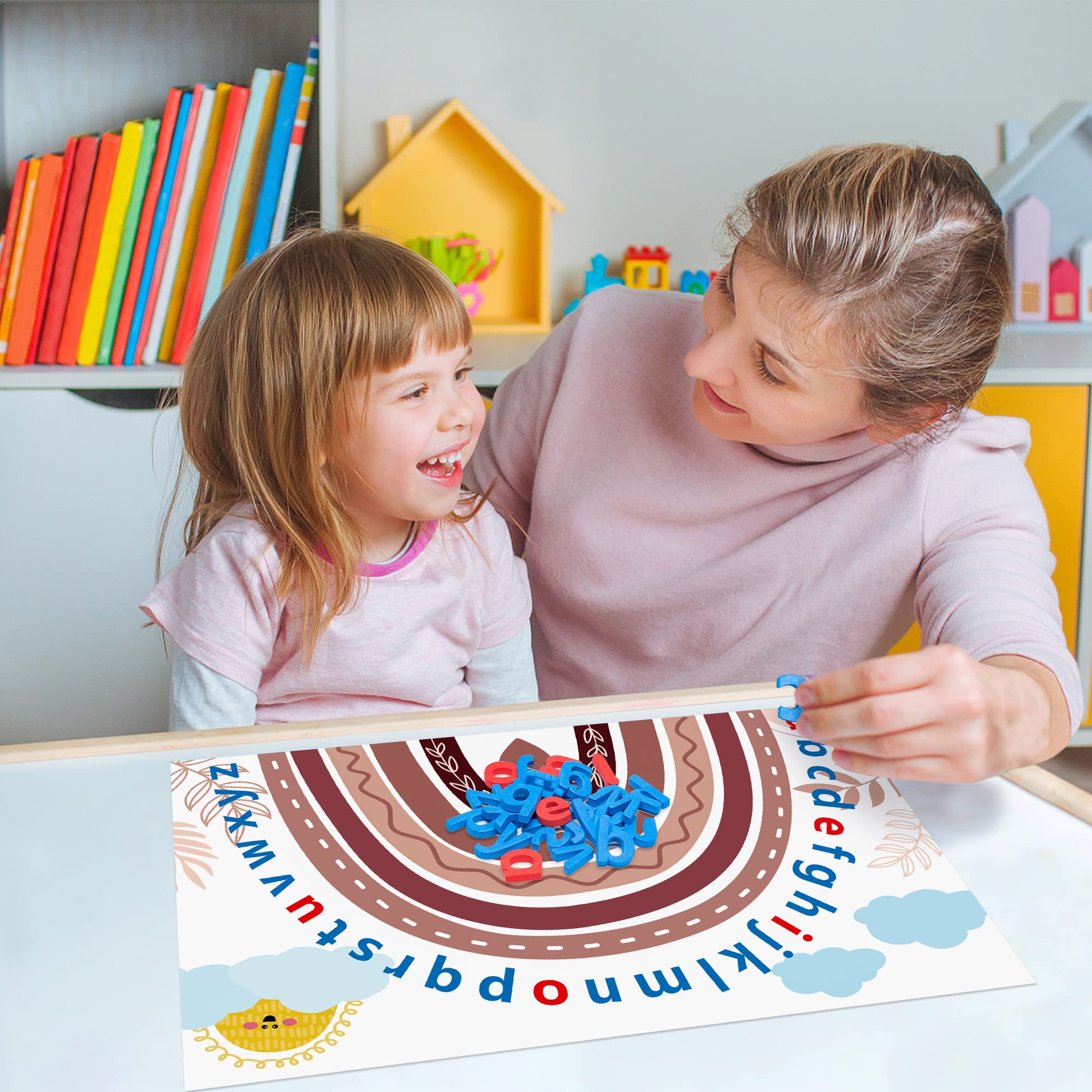 BeYumi 2Pcs Double Sided Boho Rainbow Alphabet Arch Mats with Foam Letters ABC Uppercase Lowercase Alphabet Recognition Activity Spelling Learning Educational Toy for Toddlers Preschool Kindergarten