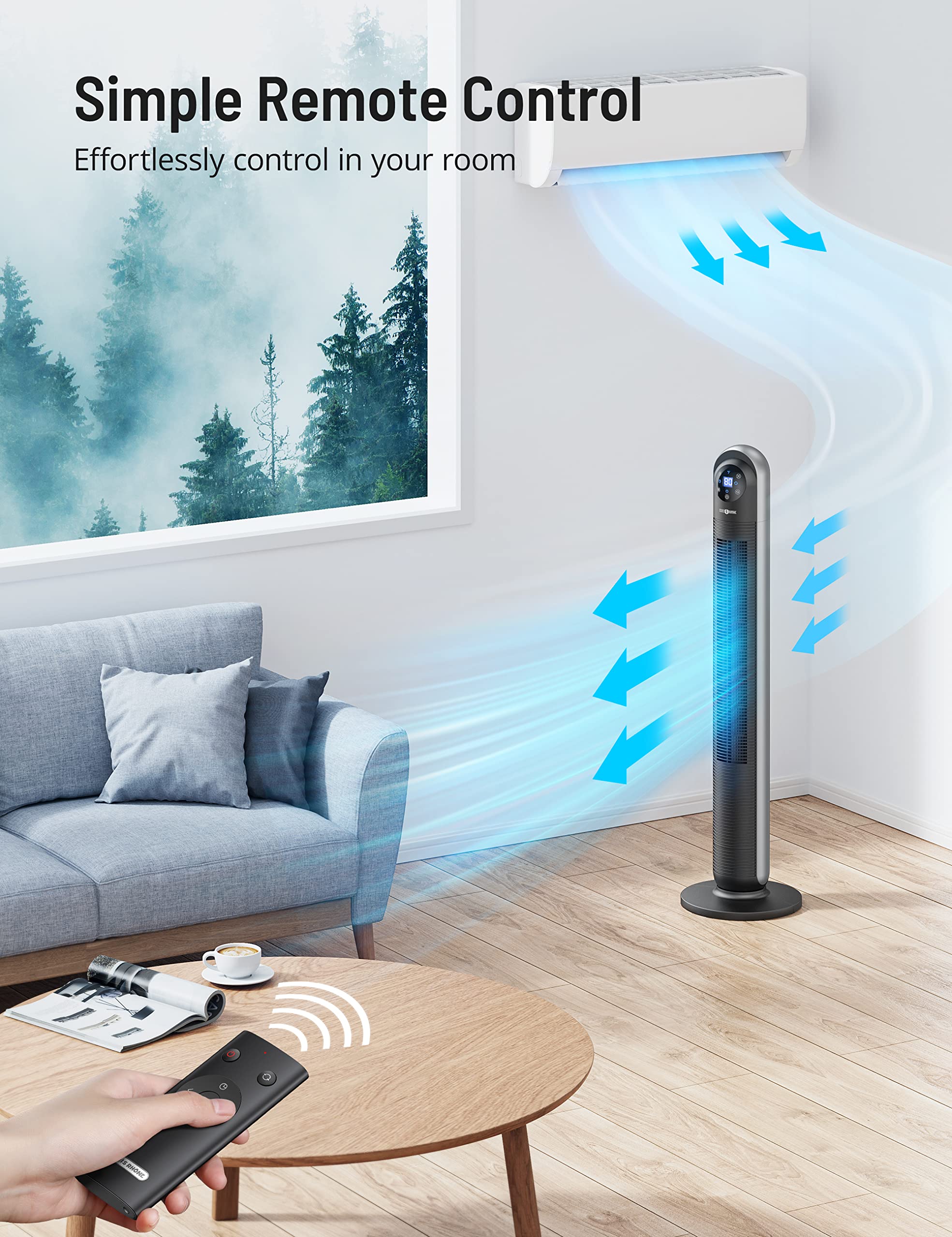 Tower Fan, Paris Rhône Oscillating Tower Fan with 12 Speeds, 24H Timer, 3 Modes, LED Display, Remote Control, Quiet Operation, Portable Bladeless Fan for Bedroom, Living Room, Home Office
