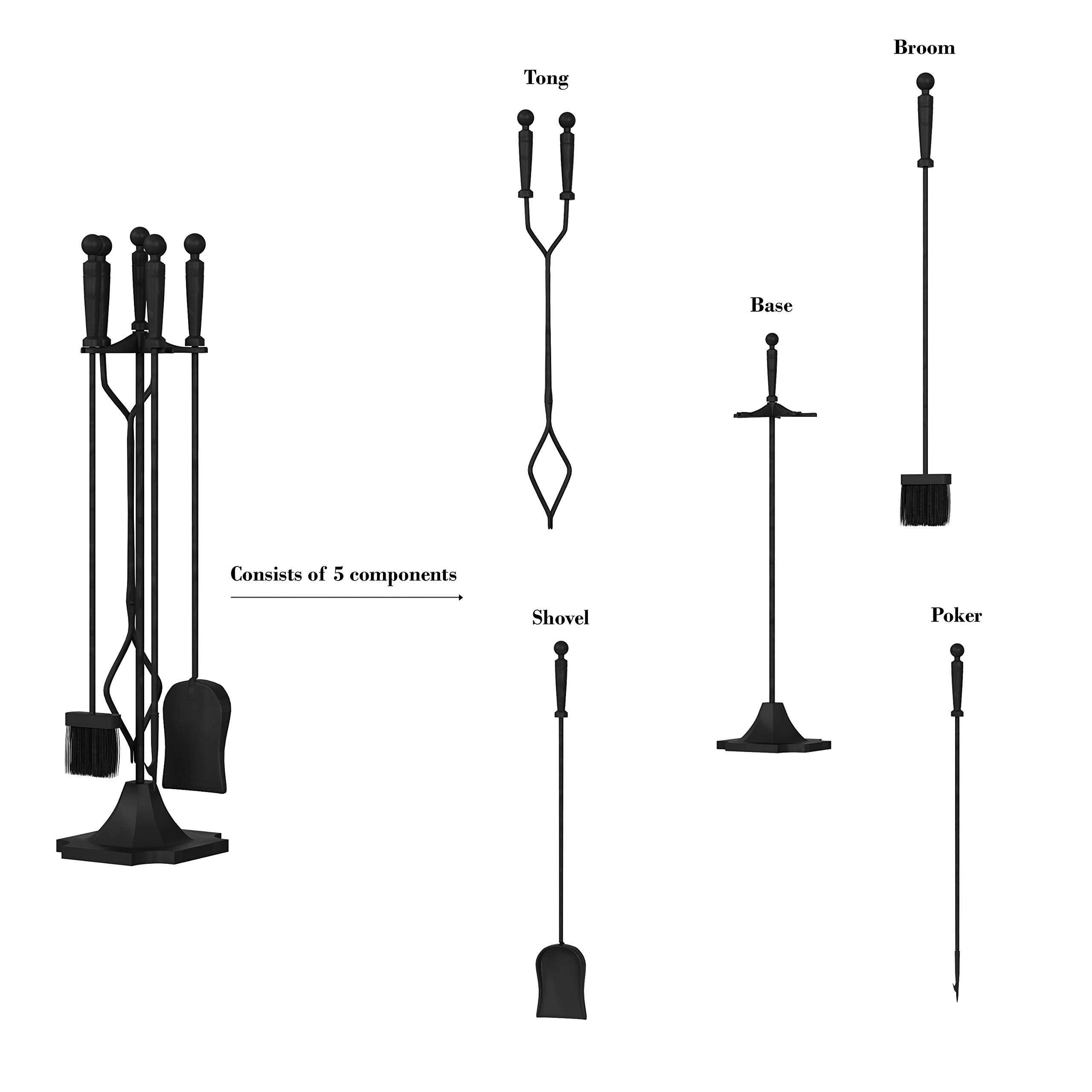 Lavish Home 5-Piece Fireplace Tools Set - Essential Heavy-Duty Accessories for Fireplaces - Includes Tongs, Shovel, Broom, Poker, and Stand