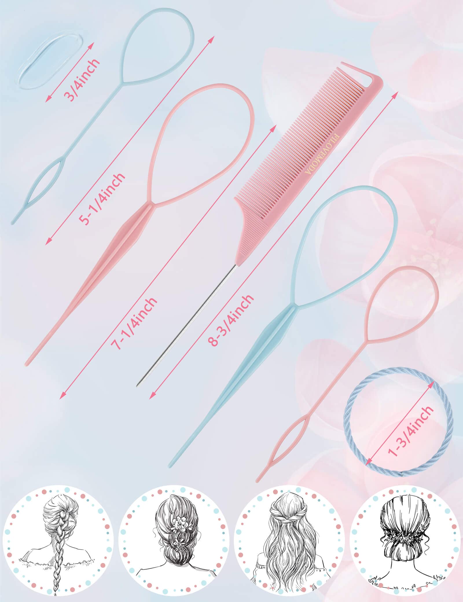 FILOVEMODA Hair Styling Kit: Tail Braiding Tool, 4 French Braid Loops, 100 Clear Mini Elastics, 10 Elastic Hair Ties