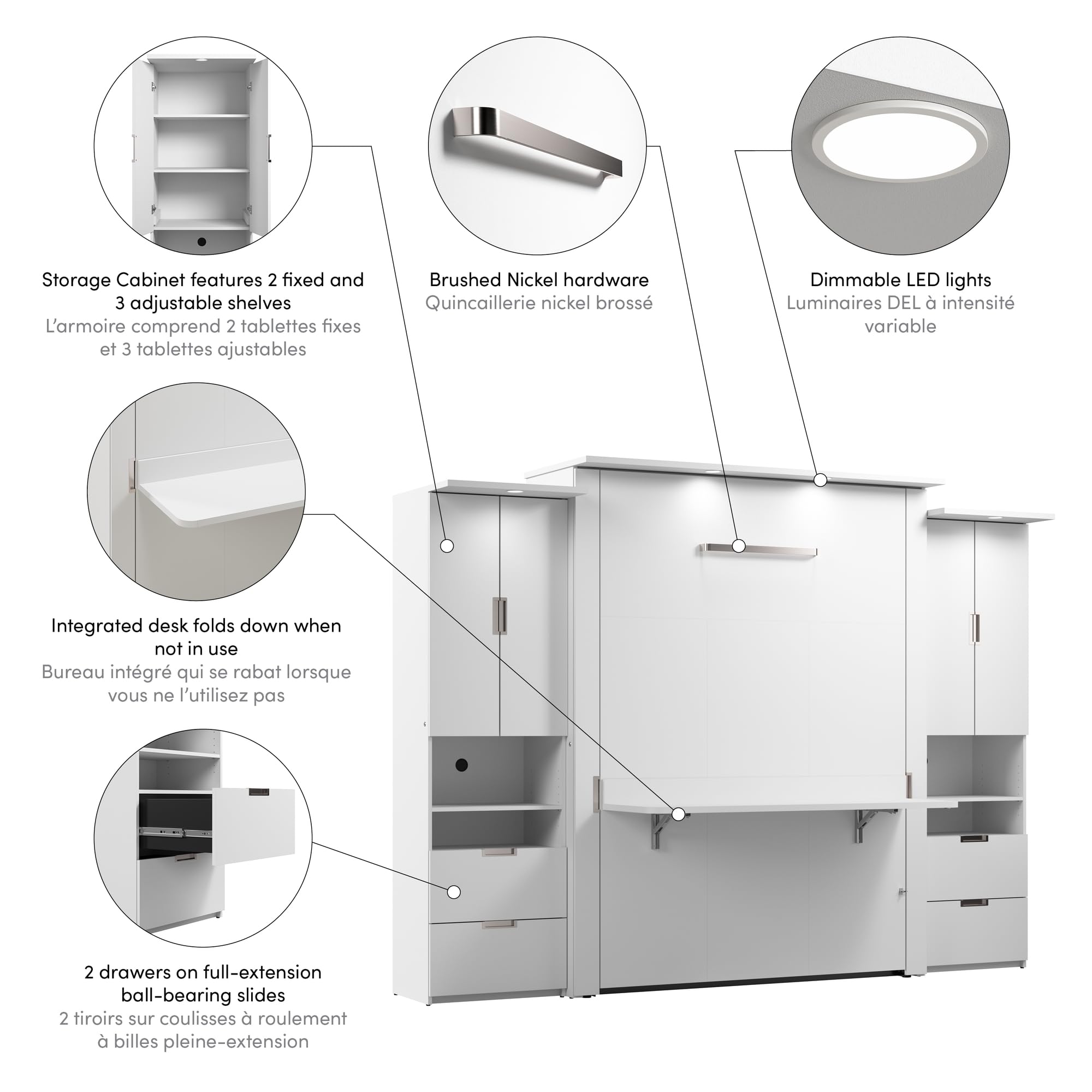 Bestar Lumina Murphy Bed with Desk and 2 Storage Cabinets in White, Sleeping Arrangement with Drawers, Queen