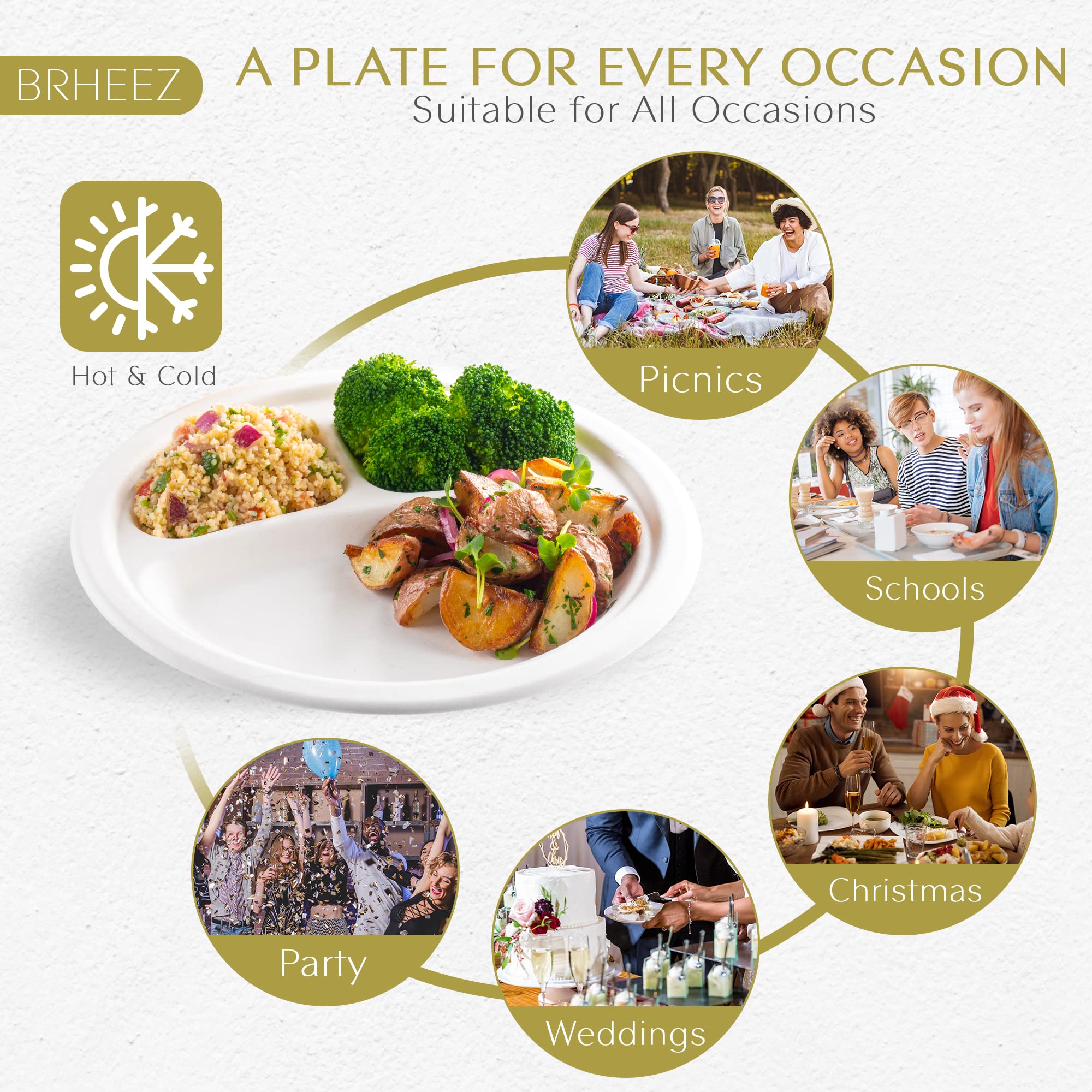brheez Heavy Duty Round 3 Compartment Disposable Plates [10" inch] Eco-Friendly 100% Natural Bagasse Fiber Biodegradable Compostable Sustainable Paper Alternative Plates [60 Plates] White