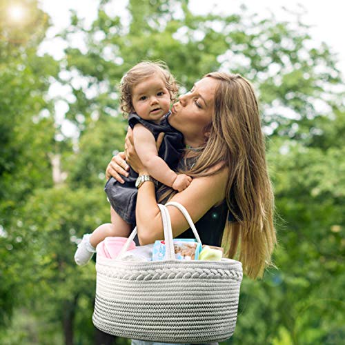 Shynek Rope Diaper Caddy Organizer Baby Diaper Caddy Basket Changing Table Diaper Nursery Basket with Removable Insert and Stroller Hooks Clips for Diaper Baby Shower Newborn Registry