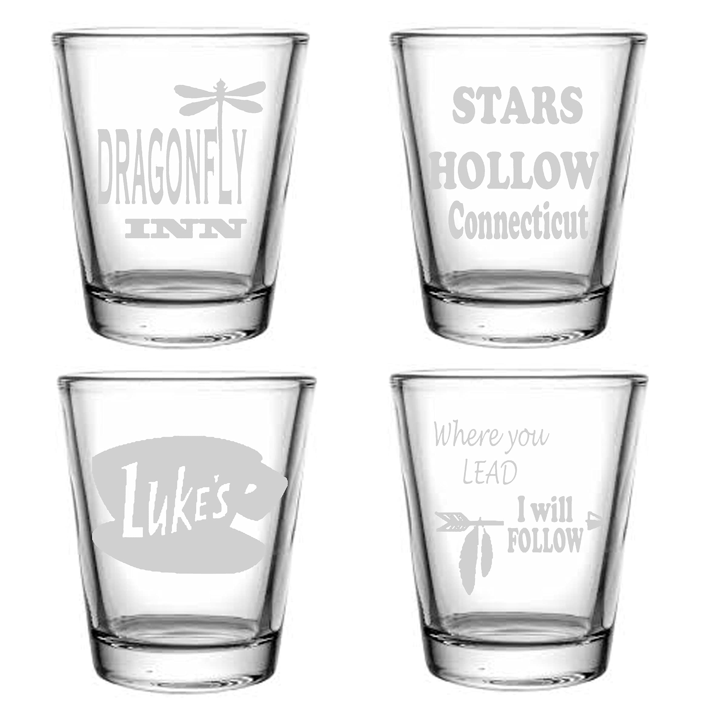 Brindle Southern Farms Gilmore Inspired Girls Shot Glass Set of Four: Stars Hollow, Luke's Diner, Where You Lead I Will Follow, Dragonfly Inn Gilmore Engraved 1.5 Ounce Shot Glasses