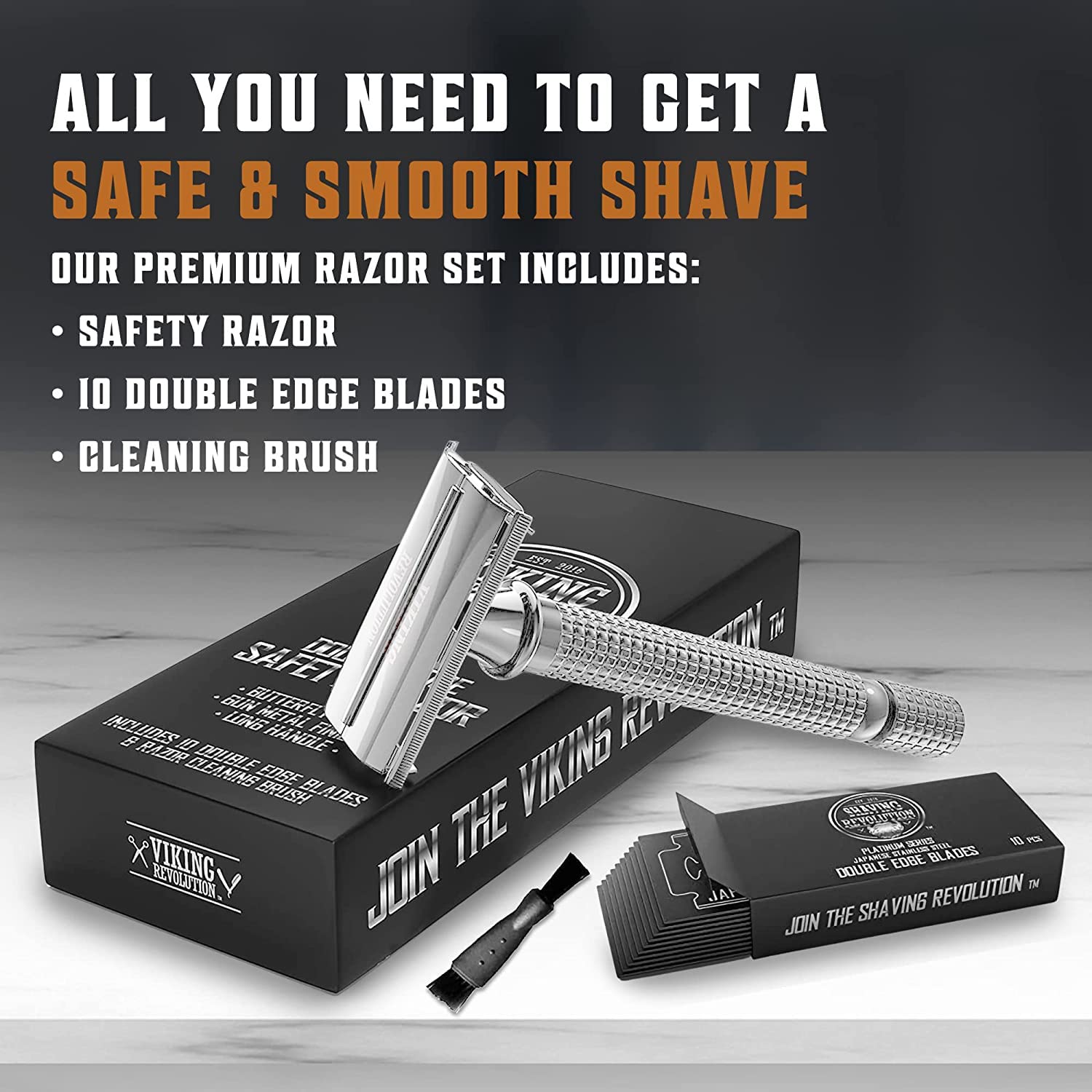 Chrome Long Handle Double Edge Safety Razor - Butterfly Open Razor with 10 Japanese Stainless Steel Double Edge Blades and Chrome Safety Razor Stand