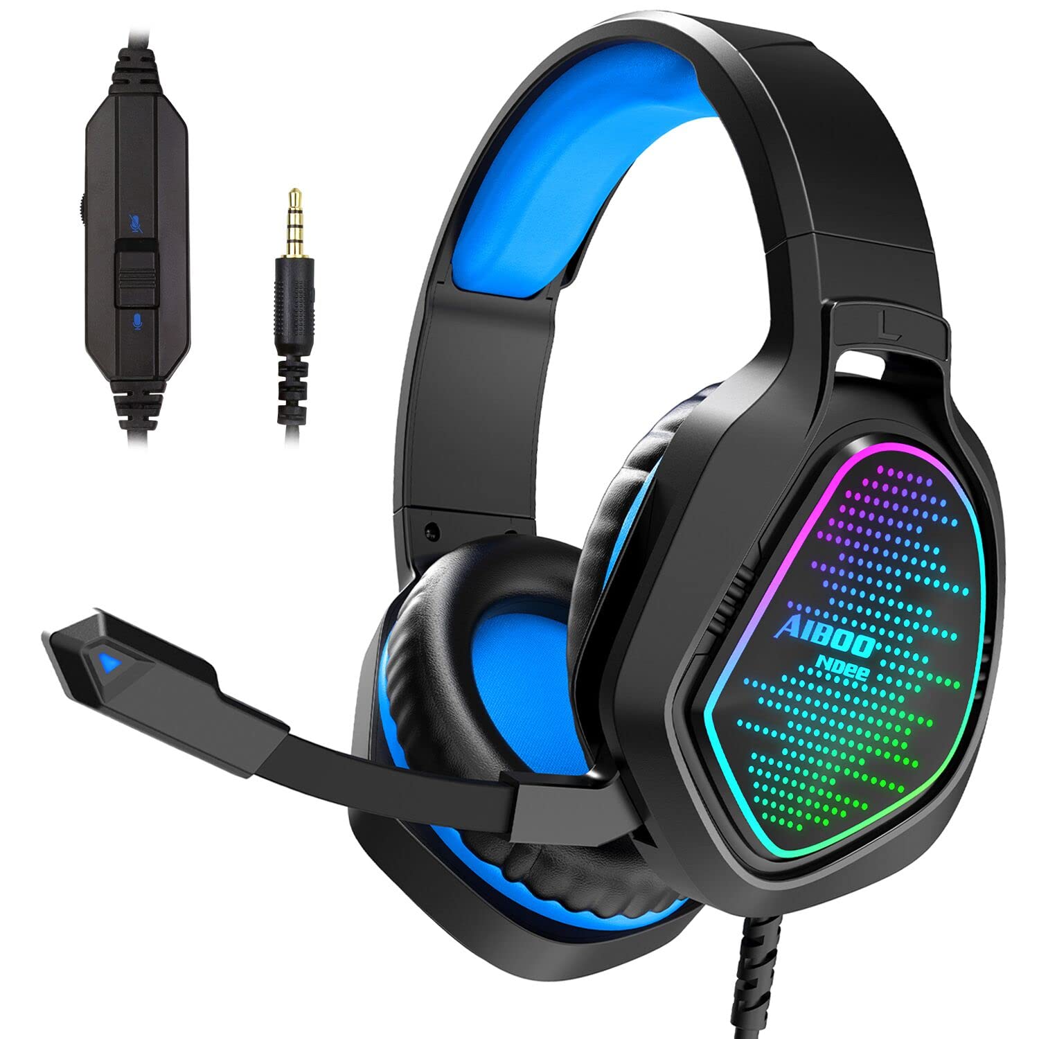BFMODFAF V100 Surround Sound Professional Gaming Headset with Noise Cancelling Over Ear Headphones with Mic, LED Light, Bass Surround, Soft Memory Earmuffs - for PC, PS4, PS5, Xbox One, Switch (Blue)