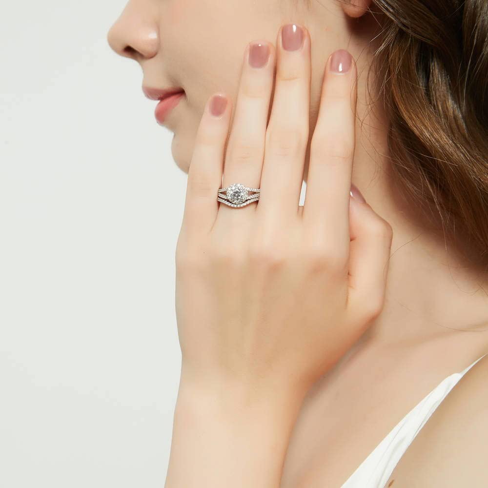 BERRICLE Sterling Silver Halo Wedding Engagement Rings Round Cubic Zirconia CZ Split Shank Ring Set for Women, Rhodium Plated Size 8