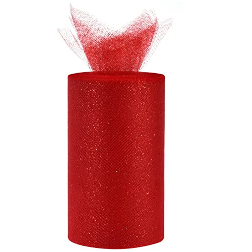 Glitter Tulle Rolls 6â by 50 Yards Sparkle Tulle Fabric Ribbon Sequin Tulle Netting Rolls for DIY Tutu Skirt Wedding Birthday Party Decoration (Red)