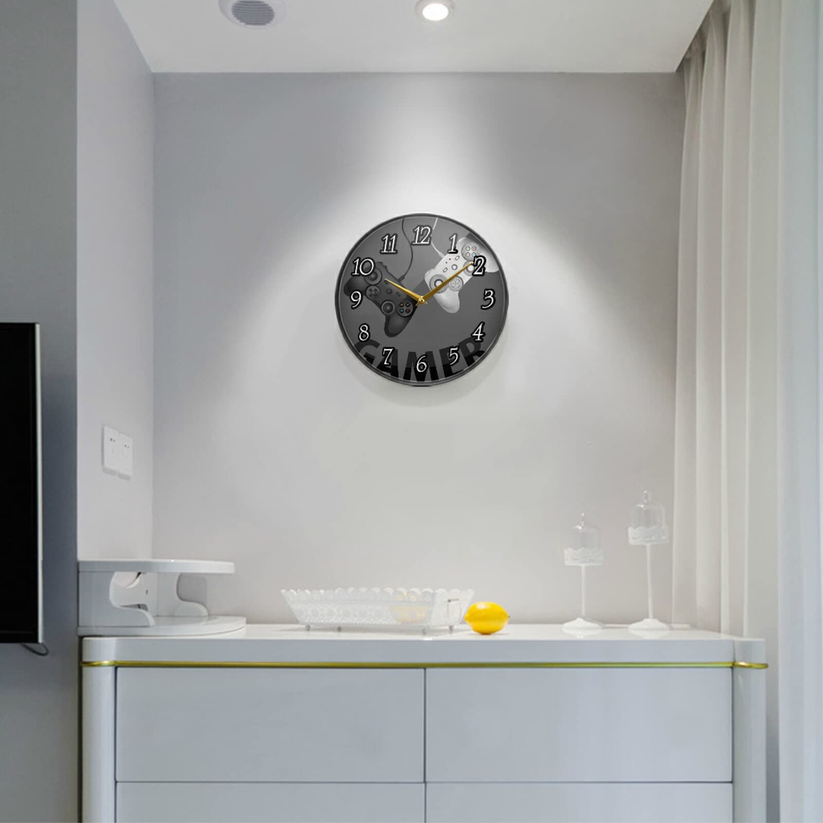 Two Realistic Game Joystick White and Black with a Text Gamer Wall Clock, Silent Non-Ticking Easy to Read Round Decorative Acrylic Wall Clock Art, for Living Room Home Office School 12 Inch