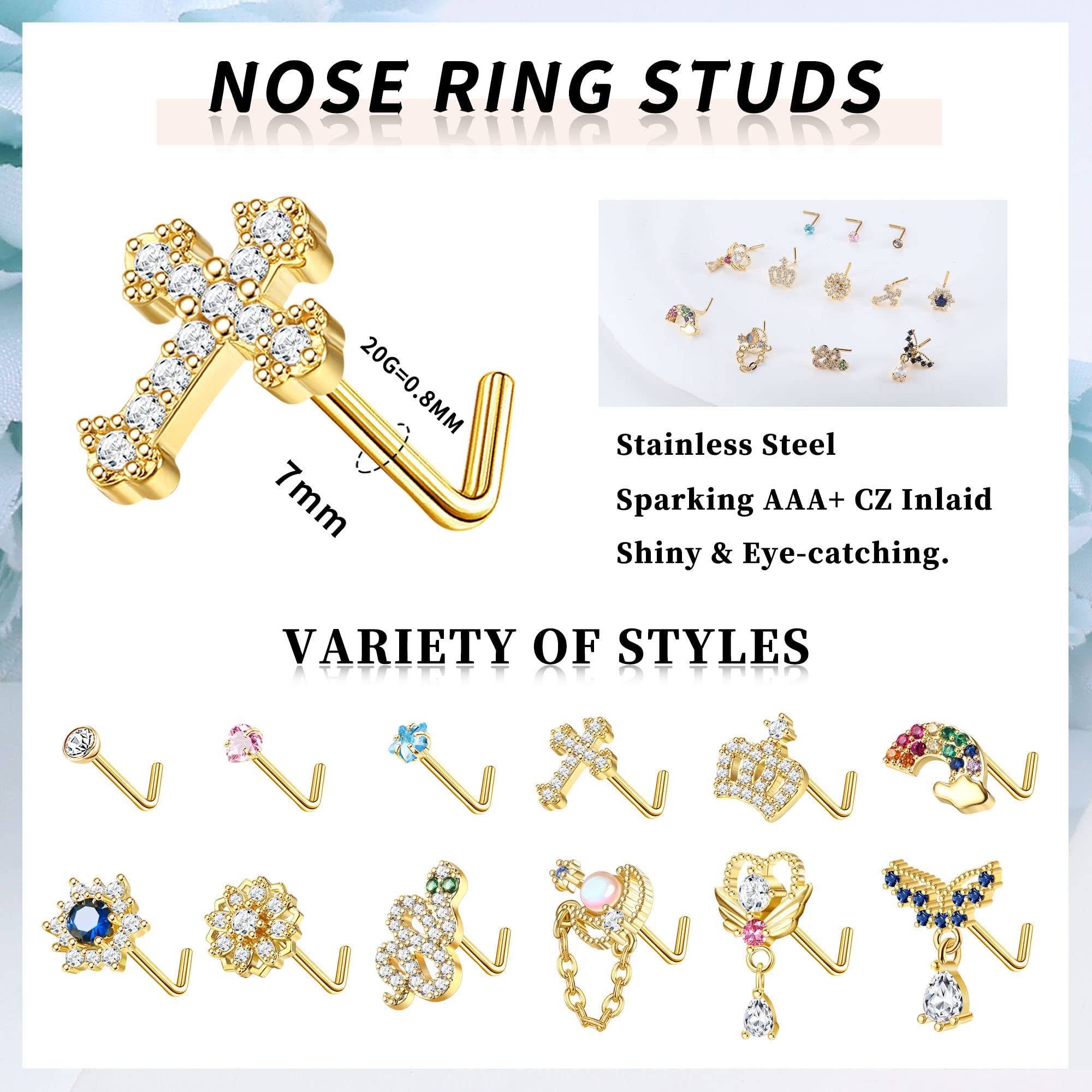 Besteel 12PCS Nose Ring Studs for Women 20G Stainless Steel L Shaped Nose Rings CZ Nose Studs Assorted Nose Piercing Jewelry Gold-tone