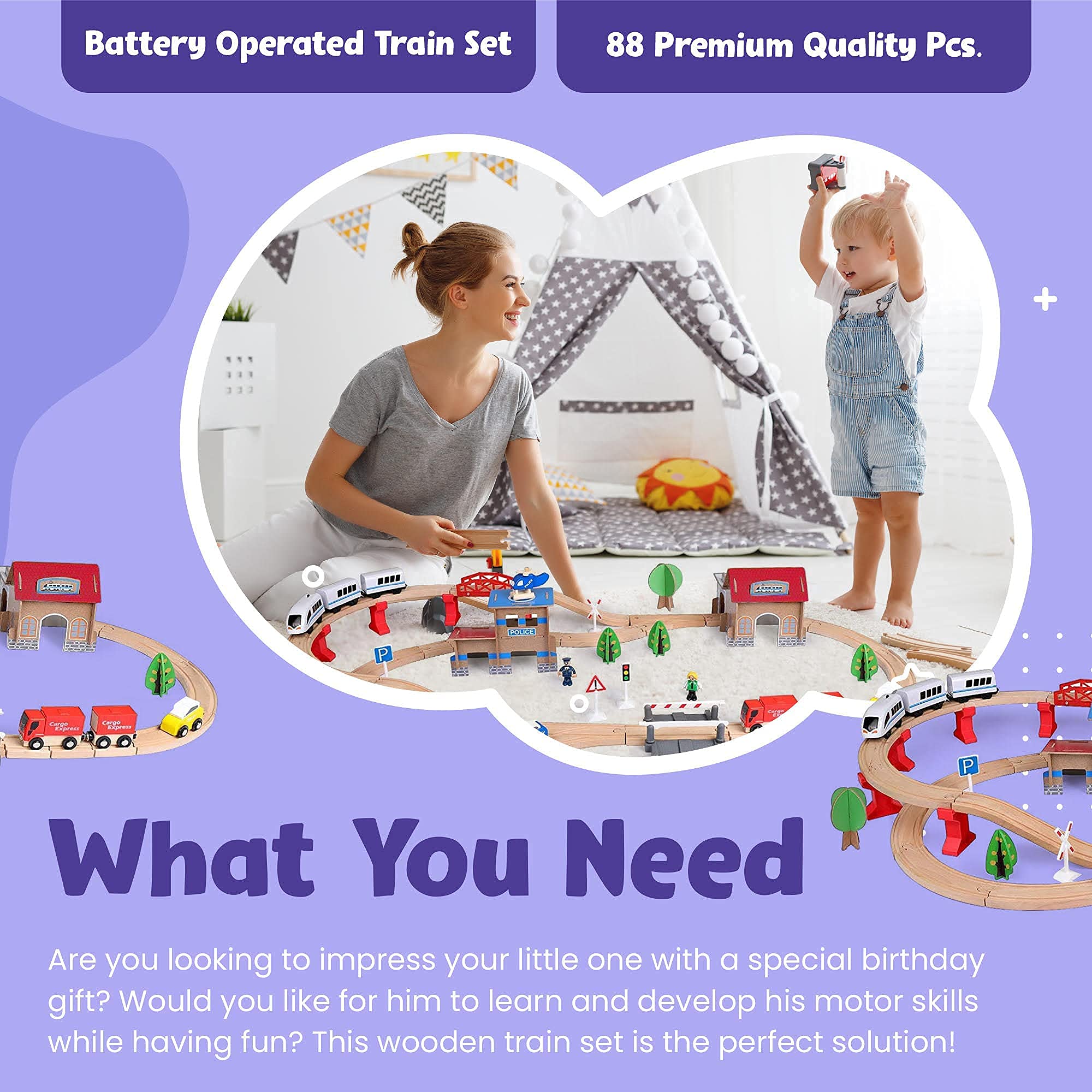 Battery Operated Train Set – Wooden Toys for Kids and Toddlers – Train Sets for Boys 2-4 – Premium Quality Wood Fits Thomas Brio – Fun & Entertaining – Train Tracks for Kids