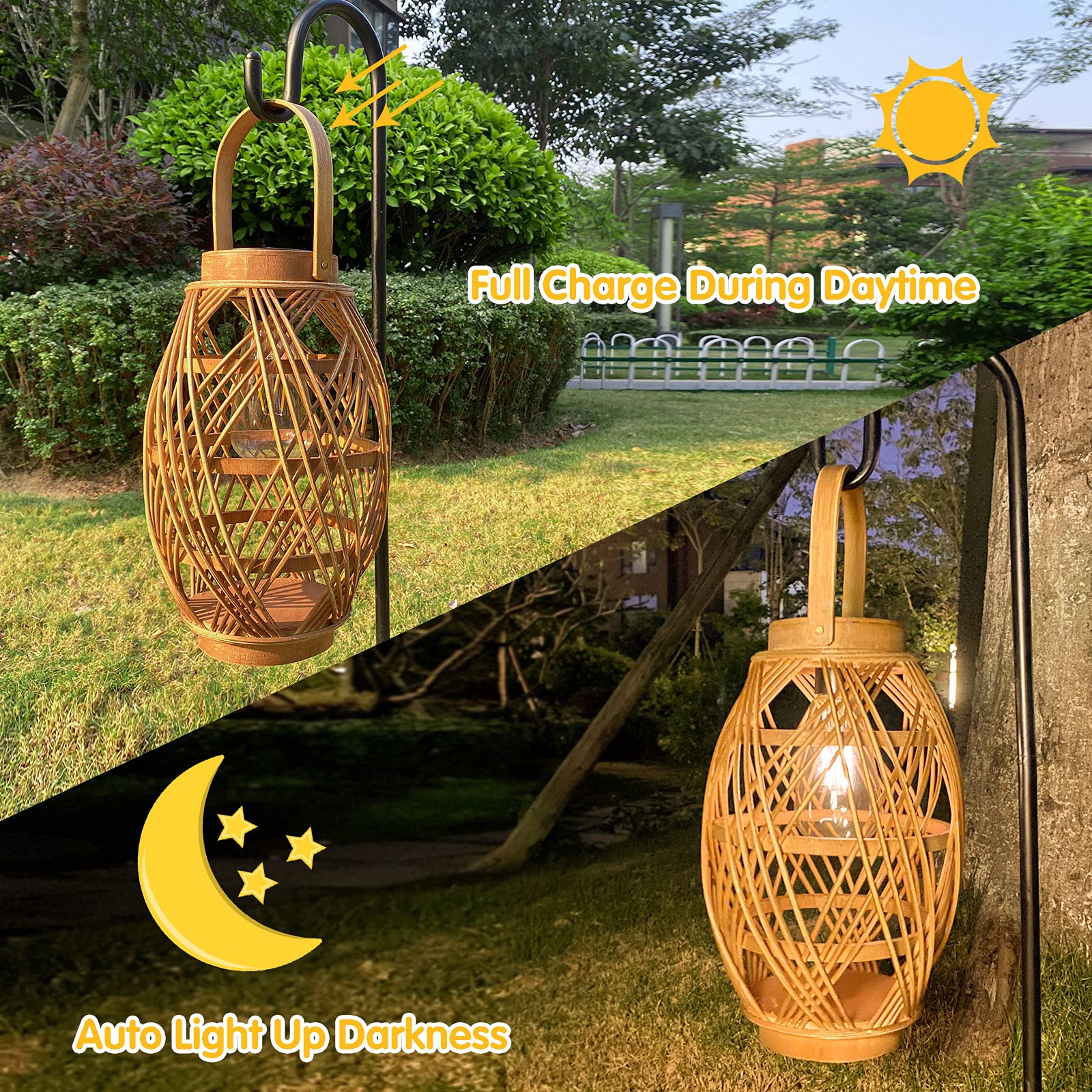 pearlstar Solar Lanterns Outdoor Waterproof - Rattan Natural Lantern with Handle for Hanging or Table Lanterns Edison Bulb, Auto On/Off for Patio Yard Garden Wedding Home Decoration(1 Pack Bronze)
