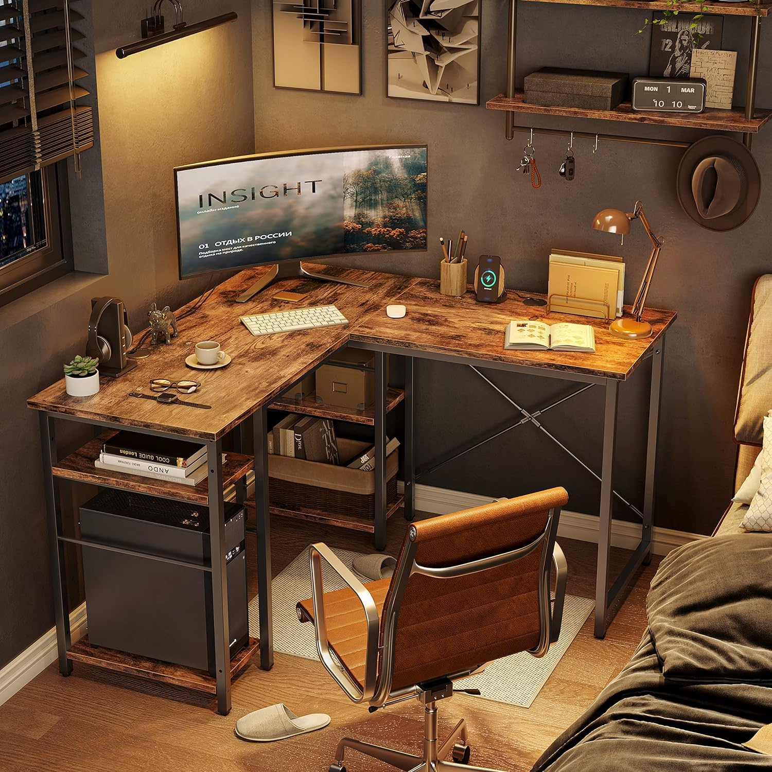 Bestier L Shaped Gaming Desk, 47” Reversible Corner Computer Desk, PC Gamer Desk with Adjustable Shelves for Home Office, 2 Person Long Gaming Table for Bedroom, Carbon Fiber Surface, Black