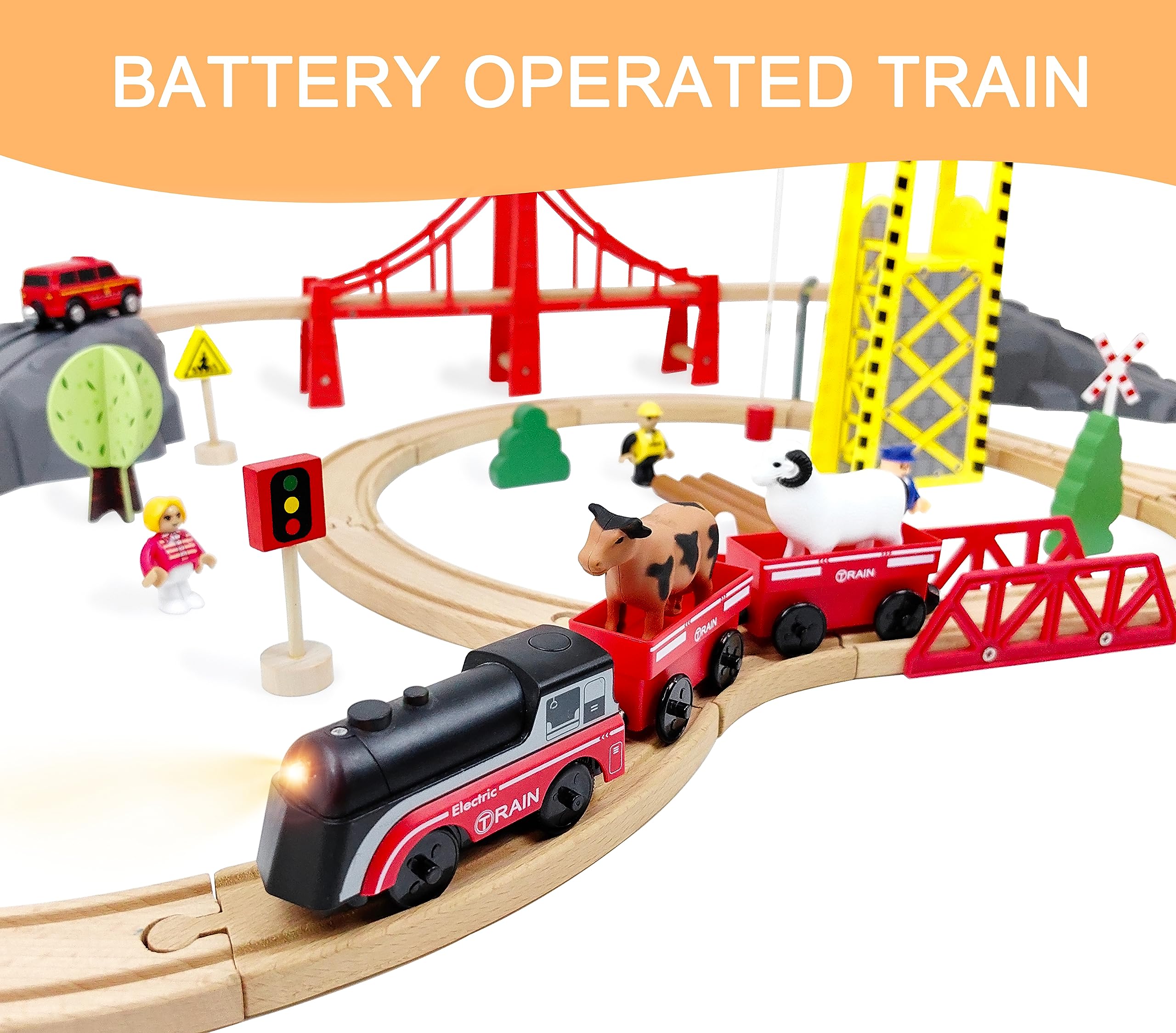 Battery Operated Train for Wooden Track, Motorized Train for Toddlers 3+ Years Old, 3Pcs Train Toy Set Electric Train Compatible with Thomas, Brio, Chuggington, Melissa and Doug