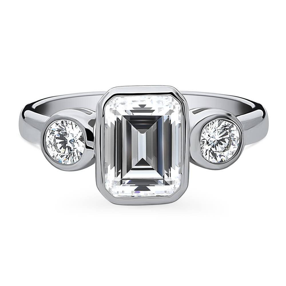 BERRICLE Sterling Silver 3-Stone Wedding Engagement Rings Step Emerald Cut Cubic Zirconia CZ Anniversary Promise Ring for Women, Rhodium Plated Size 8
