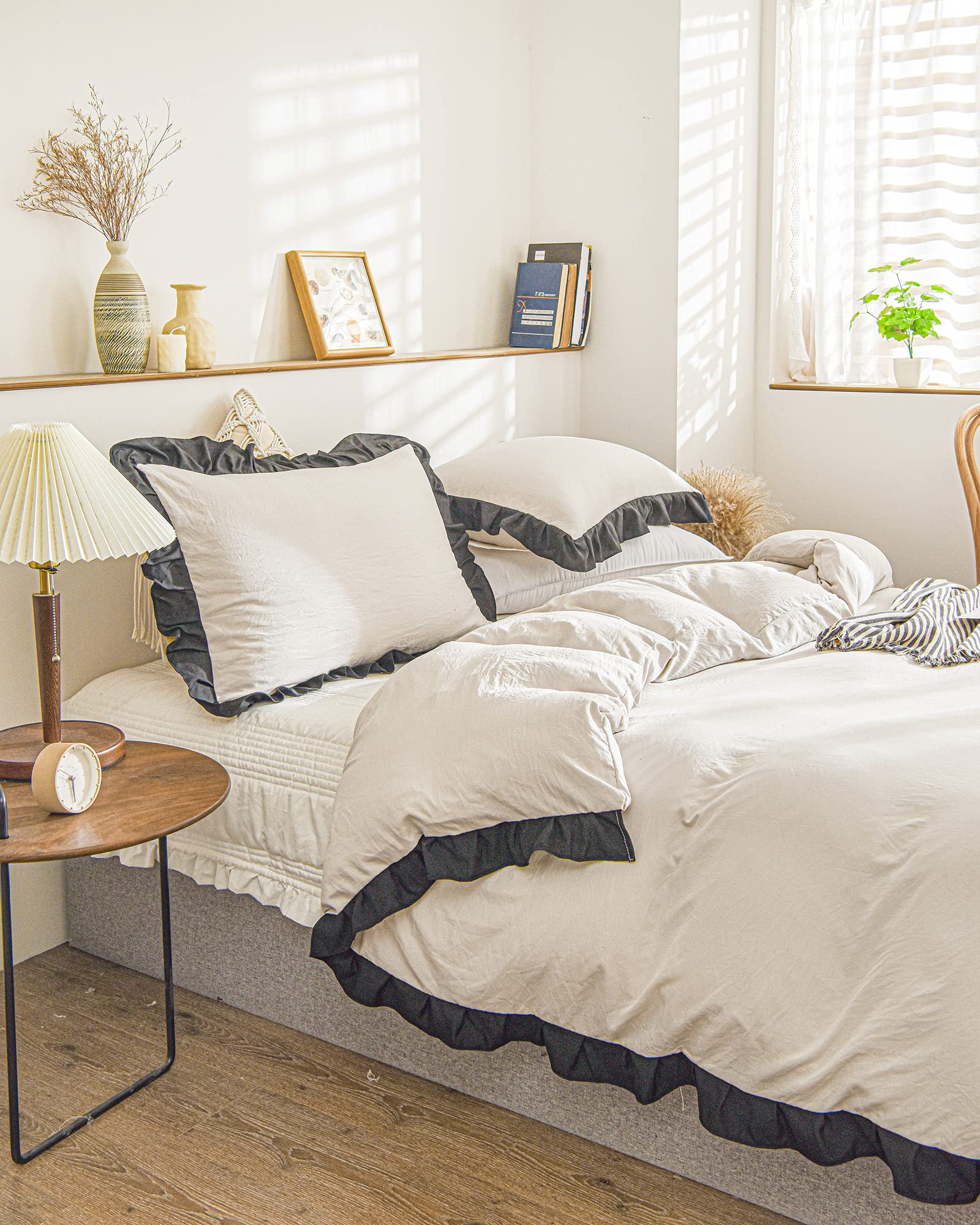 Ruffle Bedding Set Beige Duvet Cover Set 100% Washed Microfiber Breathable Soft Cream Grey Pattern Shabby Chic Ruffle Fringe Duvet Cover Set King 1 Duvet Cover 2 Pillowcases (No Comforter Included)