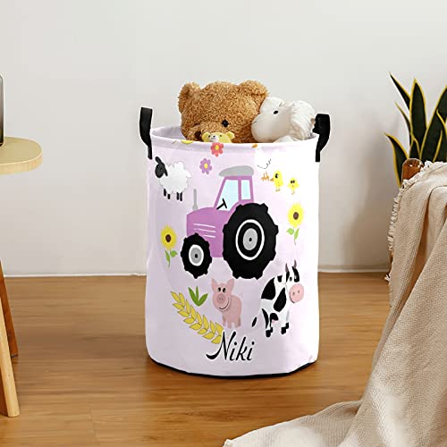 Cute Pink Farm Animals Tractor Laundry Basket Personalized with Name Laundry Hamper with Handle Organizer Storage Bin Bedroom Decor for Boys Girls Adults