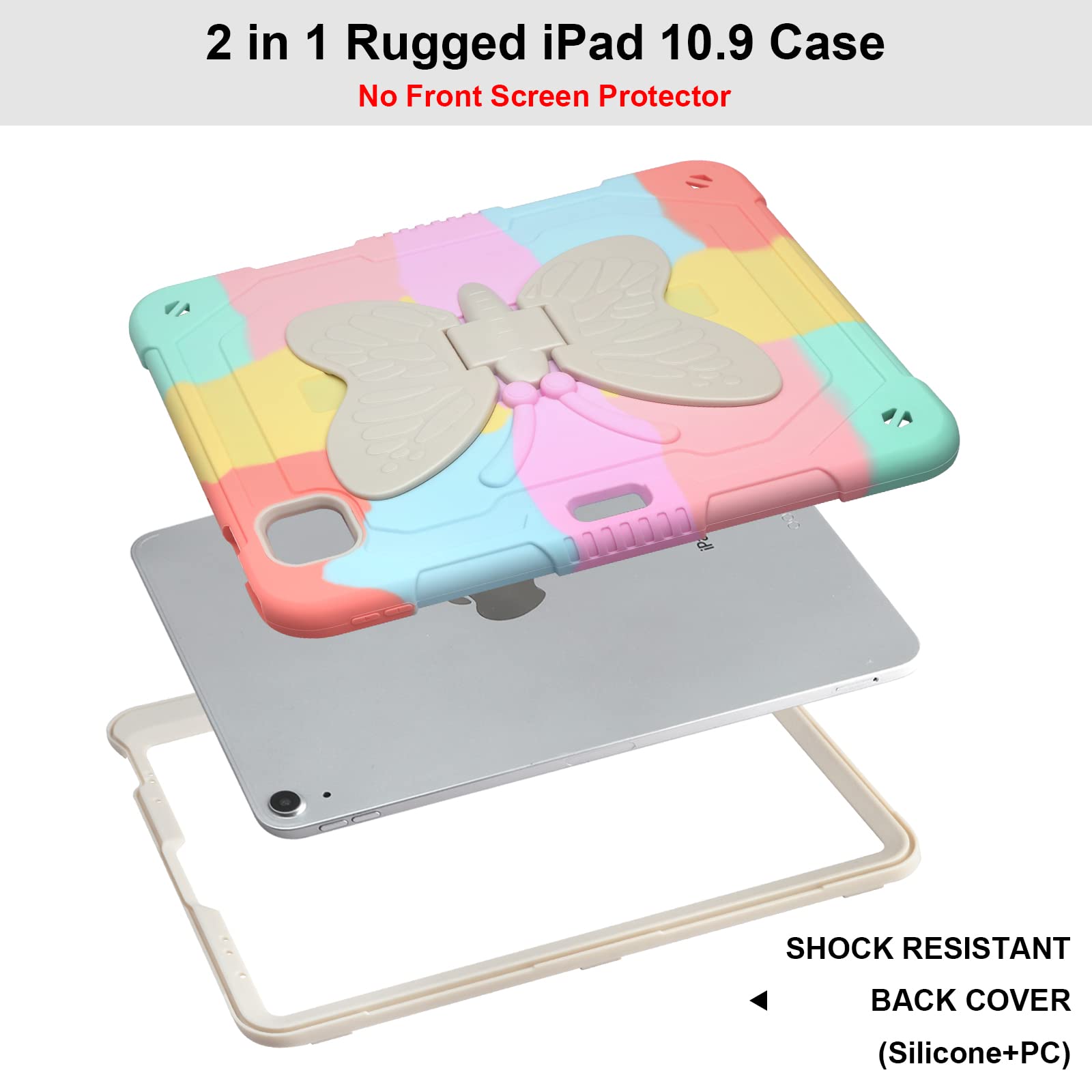 for iPad Air Case 5th/4th Gen 10.9 Butterfly Kickstand Pencil Holder, iPad Pro 11 Cases 3rd 2nd (2021/2020/2018) 2 in 1 Heavy Duty Rugged Cover Kids Girls for iPad Air 4th/5th(2022)/iPad Pro 11-Pink