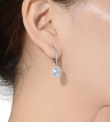 Bridal Simulated Diamond CZ Halo Drop Earrings by Lux and Glam Jewelry - Heart, Round, Square and Triangle Shape (Square - White Gold)