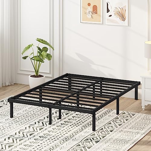 Flolinda Foldable Full Size Bed Frame Metal Platform Bed Sturdy Full Bed Frame 10 Minutes Quick Assembly Steel Slats 11 Legs Support No Box Spring Needed Noise-Free 14inch Black