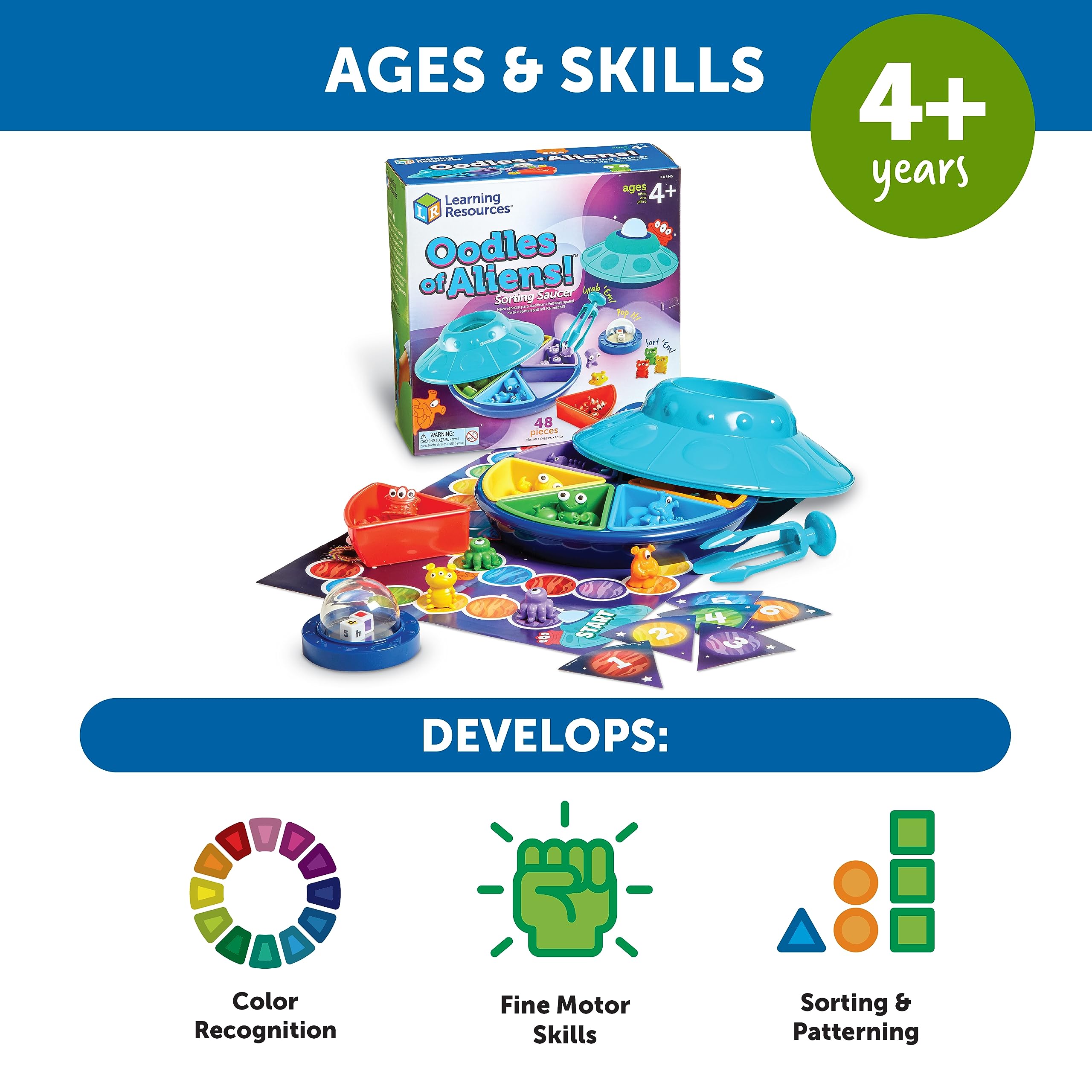 Learning Resources Oodles of Aliens Sorting Saucer, Fine Motor Skills, Counting and Sorting Toys, Preschool Games, Educational Toys, 48 Pieces, Ages 4+