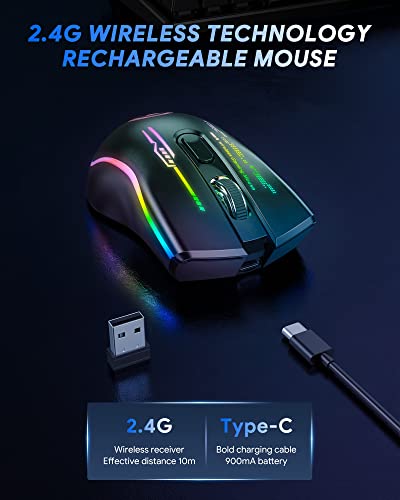 TECURS Gaming Mouse Wireless Gaming Mouse,USB Optical Computer Mouse Mice with 5 LED Lights,Rechargeable Gamer Mouse,4800 DPI for Laptop PC Gamer Desktop Chromebook Mac,Black