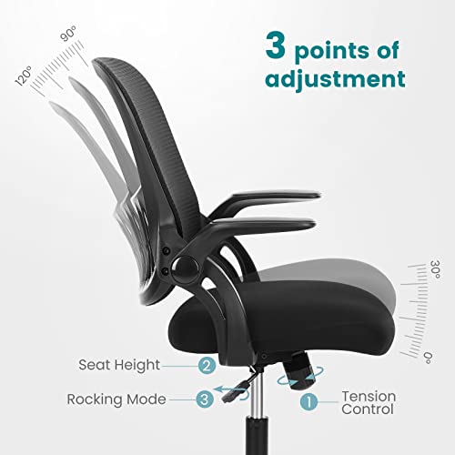 Ergonomic Office Chair with Flip-Up Arms, Home Office Desk Chairs with Wheels, Lumbar Support - Swivel Rolling Mesh Chair with Rock & Lock for Gaming- Computer Chair with Breathable Design