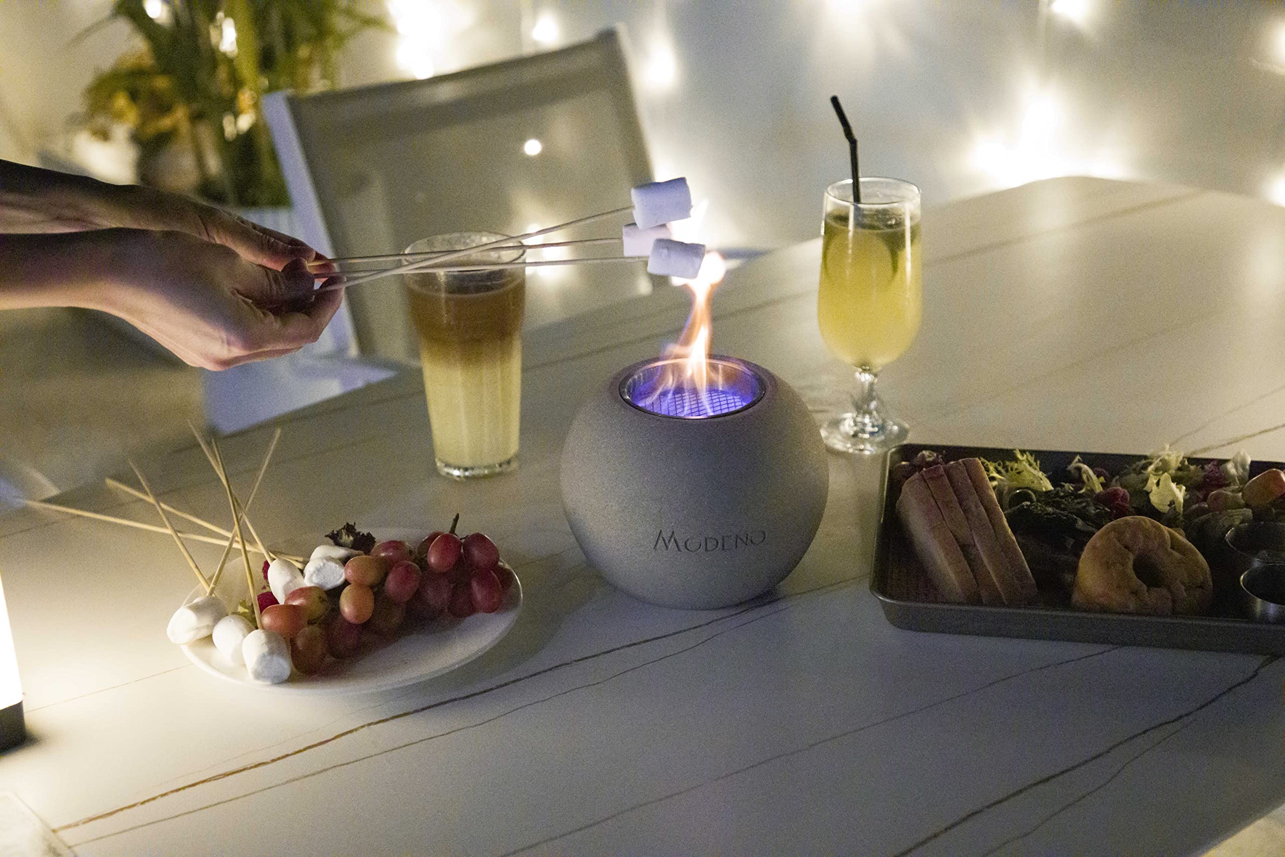 Bio Ethanol Fireplace Smokeless Portable Concrete Mini Tabletop Fire Pit Bowl Pot for Indoor Outdoor Garden Decor, 6.57in x 6.57in x 5.2in, Grey