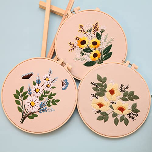 GLTAYLMY 3 Pack Embroidery Starters Kit with Pattern for Beginners,Cross Stitch Kits with 1 Plastic Embroidery Hoops,Needles and Color Threads,Needlepoint Kit for Adults