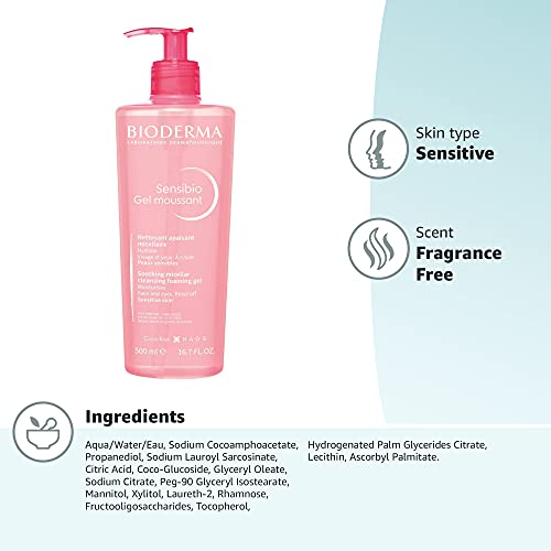Bioderma Sensibio Foaming Gel Cleansing and Make-Up Removing Refreshing feeling for Sensitive Skin Unscented, 16.7 Fl Oz