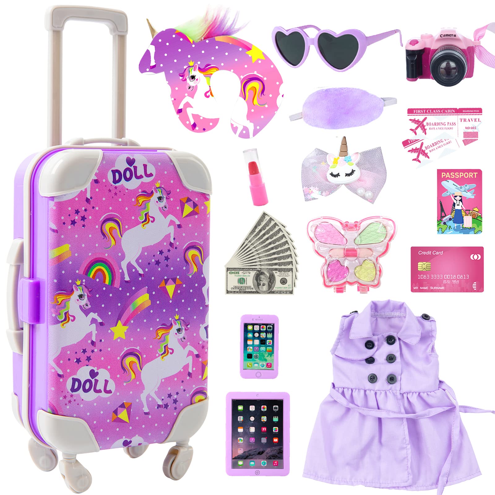 BDDOLL 25 Pcs American Clothes Accessories - Travel Suitcase Play Set for 18 Inch Doll with Clothes, Suitcase, Camera, Phone, Sungasses, Makeup Toy