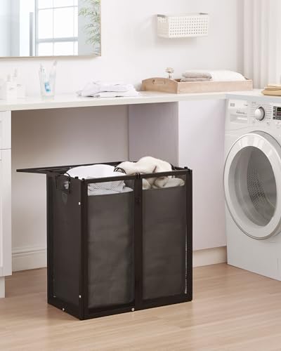 Crkmire Heavy Duty Metal Wire Laundry Hamper Lid, 29Gal (110L) 2 Section Divided Laundry Basket Double Clothes Hamper Bin for Laundry Room, Bedroom, Dorm & Kids