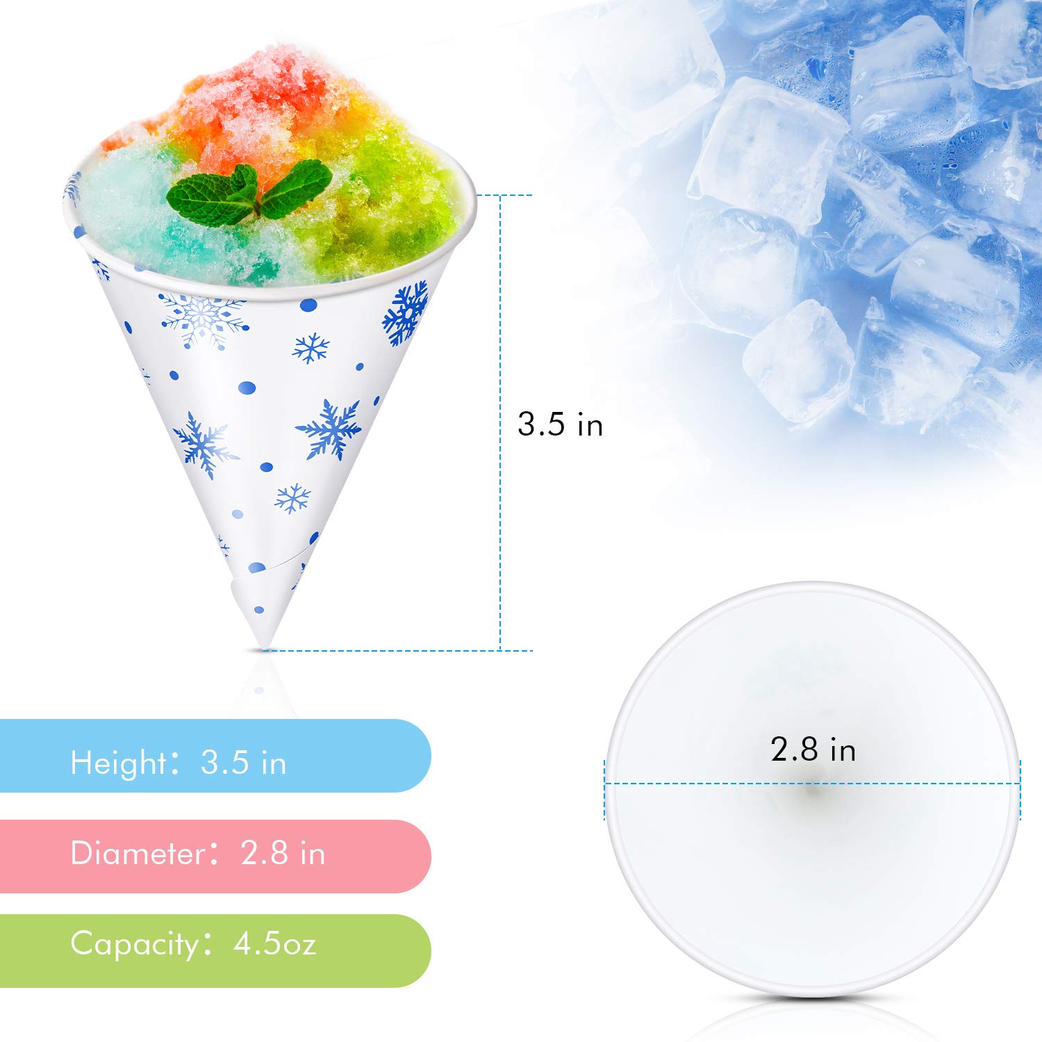 Boao 100 Pieces Snow Cone Cups 4.5 OZ Leakproof Cone Paper Cups Matching 100 Pieces Spoon Straws for Slush Shaved Ice Cream Sorbet Water (Snowflake Style)