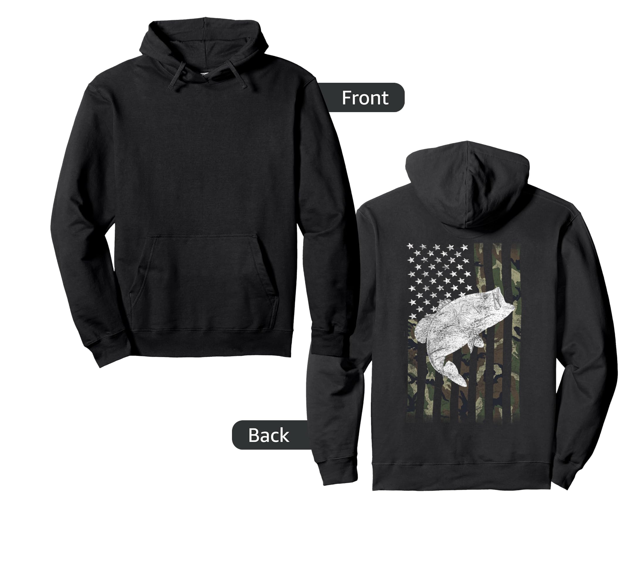 Bass Fishing Camouflage Flag Big Mouth on back Pullover Hoodie