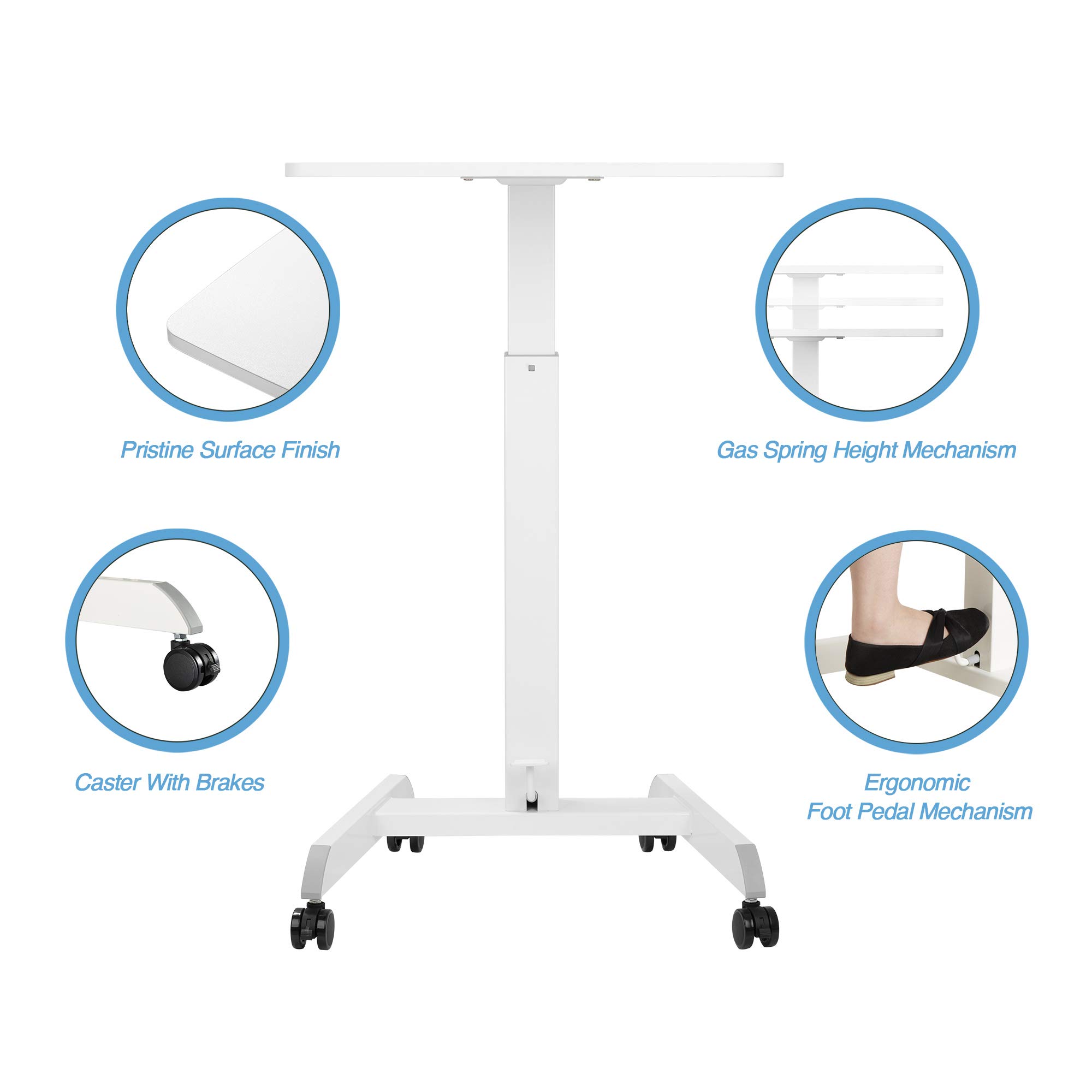 AVLT 44" Height Adjustable Foot Pedal Mobile Workstation (3 ft 8 inches) - Pneumatic Laptop Standing Desk Cart - Mobile Laptop Cart - White Computer Projector Cart with Brake Casters