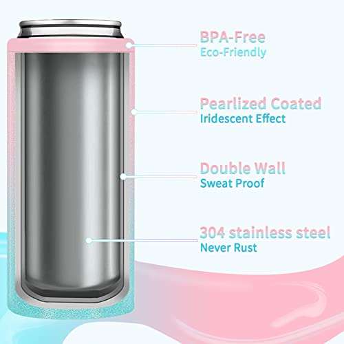 Fanfeigo Slim Can Cooler for Skinny Beer Beverage Stainless Steel Double Wall Vacuum Insulated Drink Holder for 12 oz Regular or Slim Cans & Bottles Cooler (Shiny Pink-Blue)