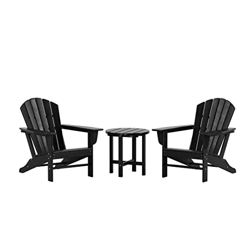 WO Home Furniture Set of 2pcs Outdoor Adirondack Chairs with Side Table, Poly Lumber Seat Traditional Retro Lounger for Beach, Balcony, Patio, Backyard, Lawn, Garden, Black