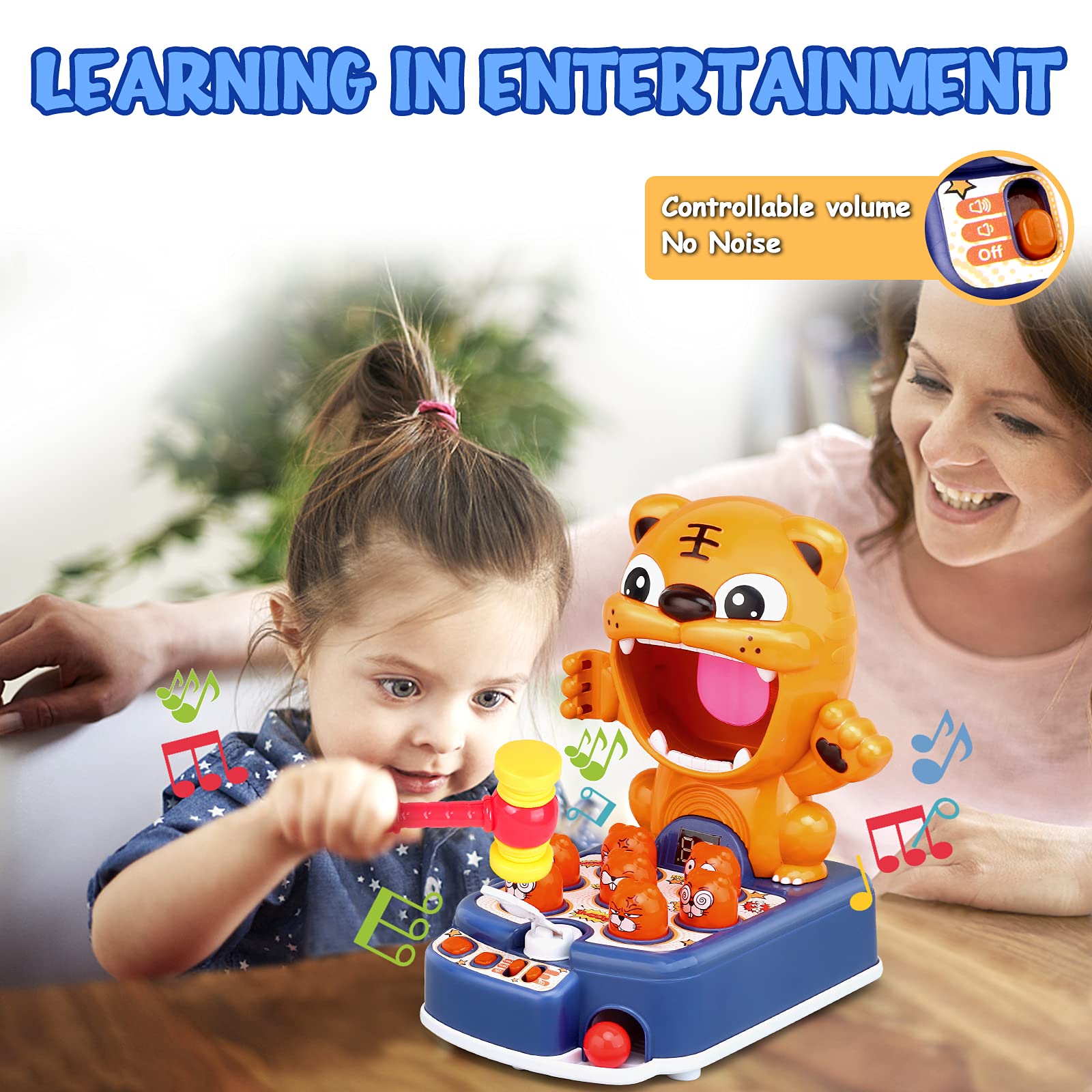 KooQii Whack A Mole Game Toddler Toys with Toy Gun and 2 Hammers Interactive Game for Hammering & Pounding,Target Shooting Early Developmental Fun Gift for 2-3 4 5 6 7 8 Year Old Boys and Girls