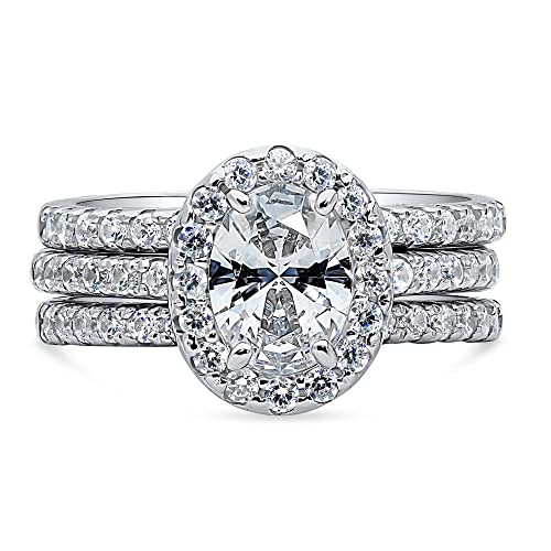 BERRICLE Sterling Silver Halo Wedding Engagement Rings Oval Cut Cubic Zirconia CZ Ring Set for Women, Rhodium Plated Size 9