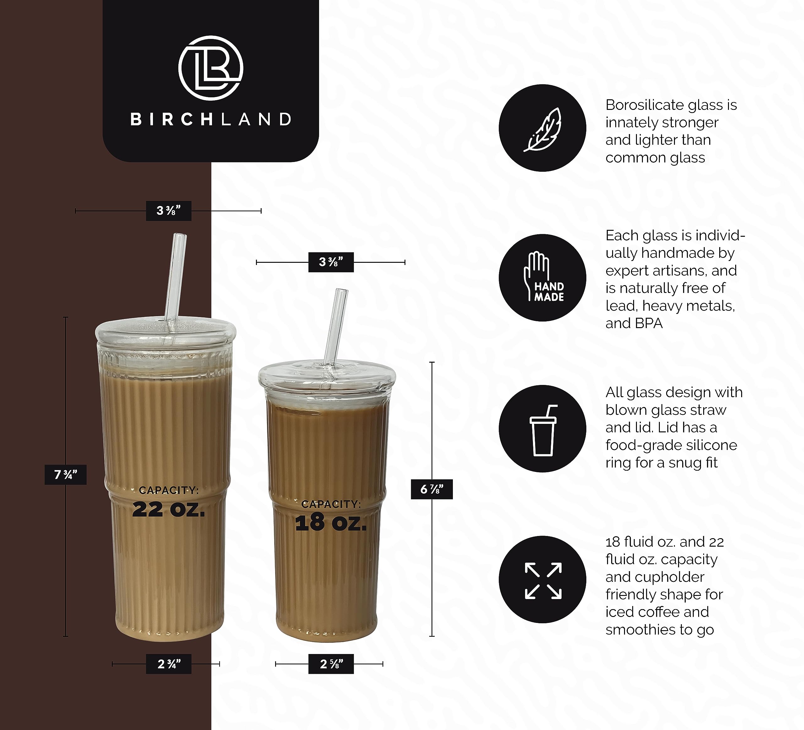 Birchland All Glass Iced Coffee Cup with Lid and Straw, Ribbed Glass Tumbler Set of 2 (18 oz)