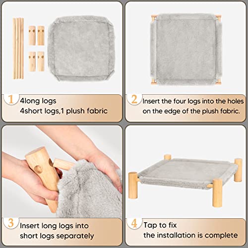 FLUFFEE Cat Hammock Bed, Wooden Elevated Cat Bed for Indoor Cats, Portable Washable Raised Pet Bed for Kitten Puppy Rabbit - Grey