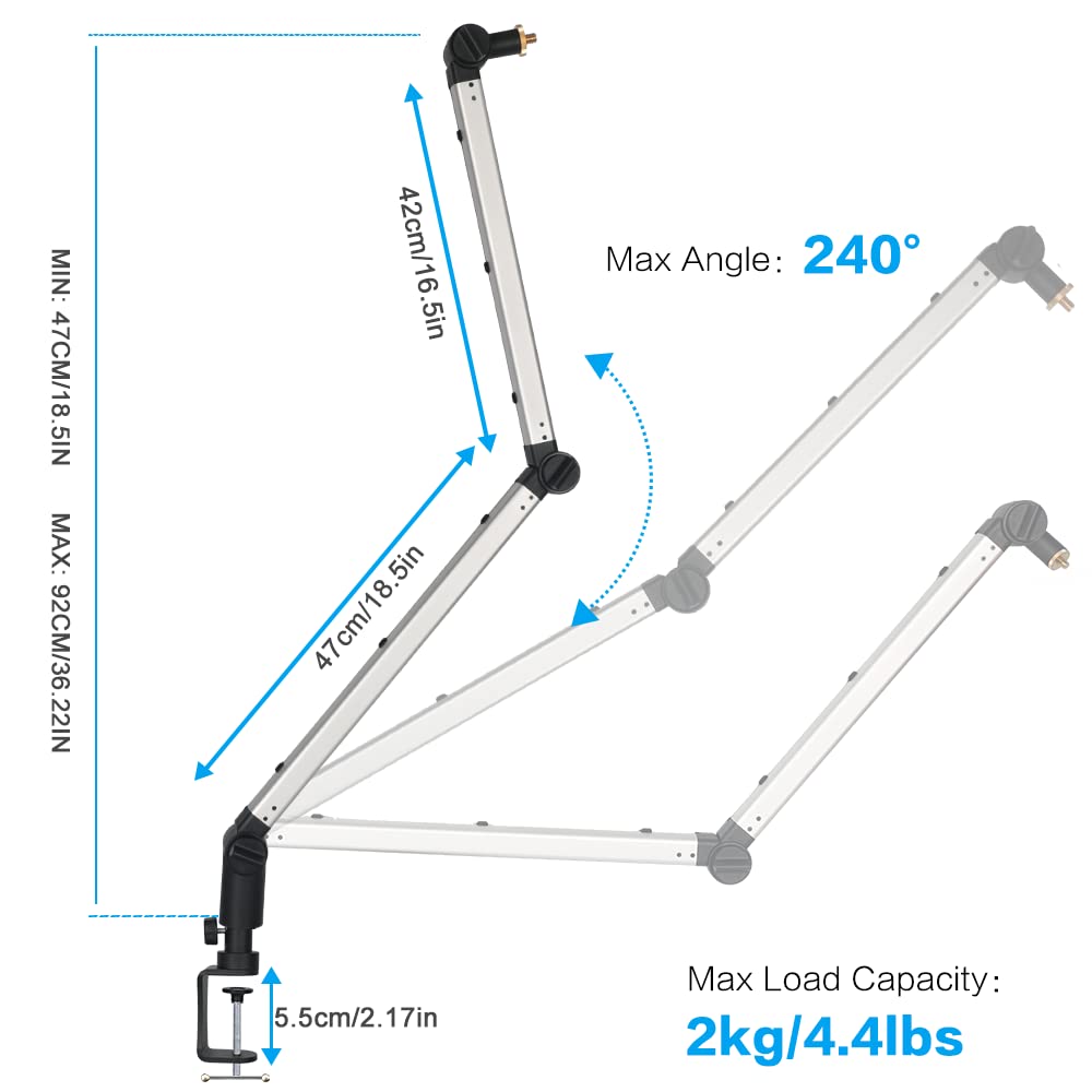 BOMGE Boom Arm - Adjustable 360° Rotatable Desk-Mounted Broadcast Microphone Boom Stand with Adapter,Hidden Cable Trough,For Shure SM7B/MV7/Blue Yeti/HyperX QuadCast, Recording,Gaming. (silver)