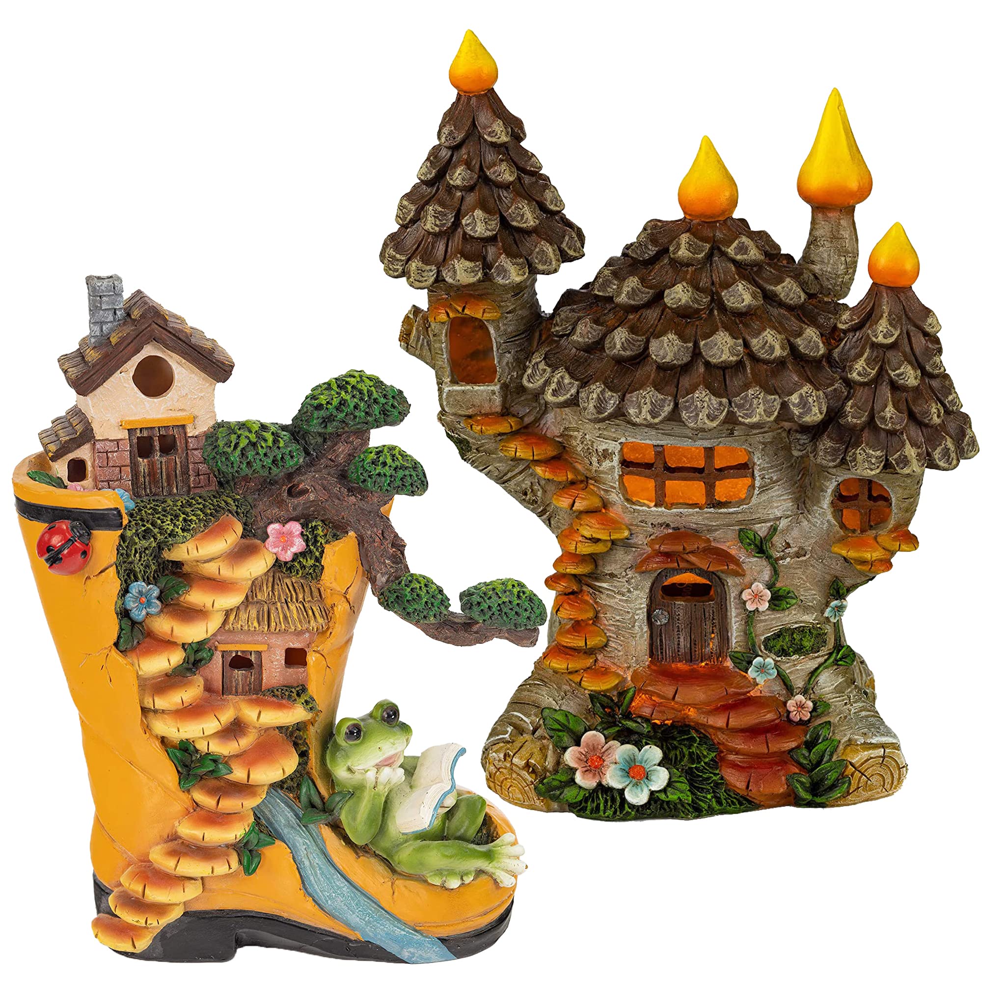 VP Home Enchanted Rainboot and Pinecone Cottage Fairy House Reading Frog Solar Powered LED Outdoor Decor Garden Light