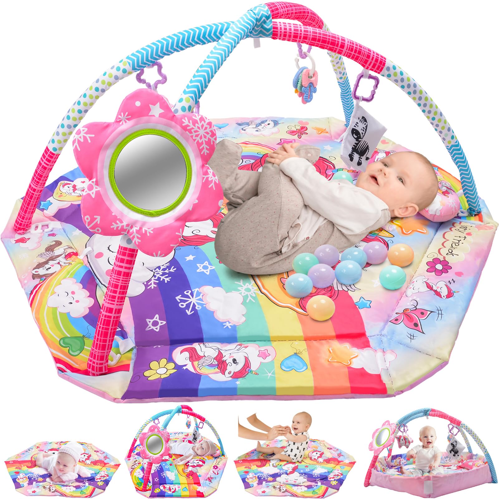 BATTOP Baby Activity Gym Play Mat,Tummy Time Mat Baby Gym with Sensory Rattle Toys&Tummy Time Pillow,for Sensory Motor Skill Development,Newborn Shower Gift