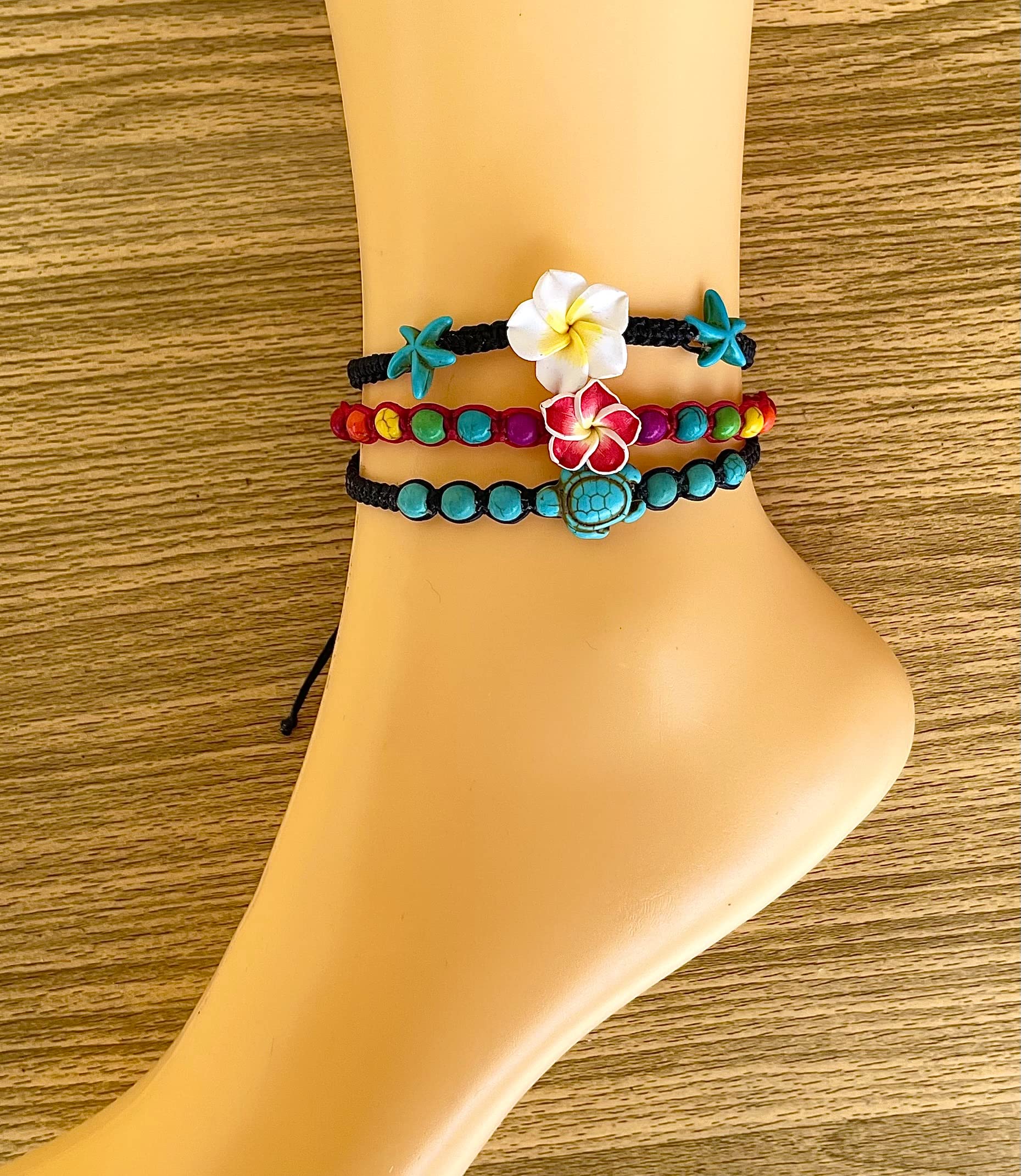 LAVIP Leather Anklet or Bracelet Starfish Turquoise Hawaiian Plumeria Flower Starfish Turquoise Hemp Bracelet